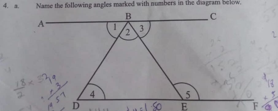 4. a. Name the following angles marked with numbers in the diagram below.