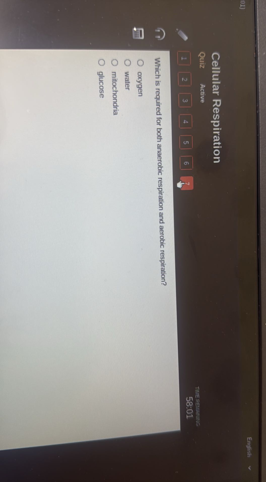 English 01) Cellular Respiration Quiz Active 1 2 3 4 5 6 TME REMAMING ...