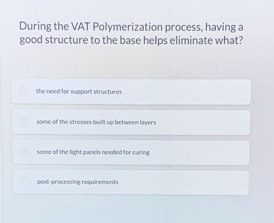 During the VAT Polymerization process, having a good structure to the ...