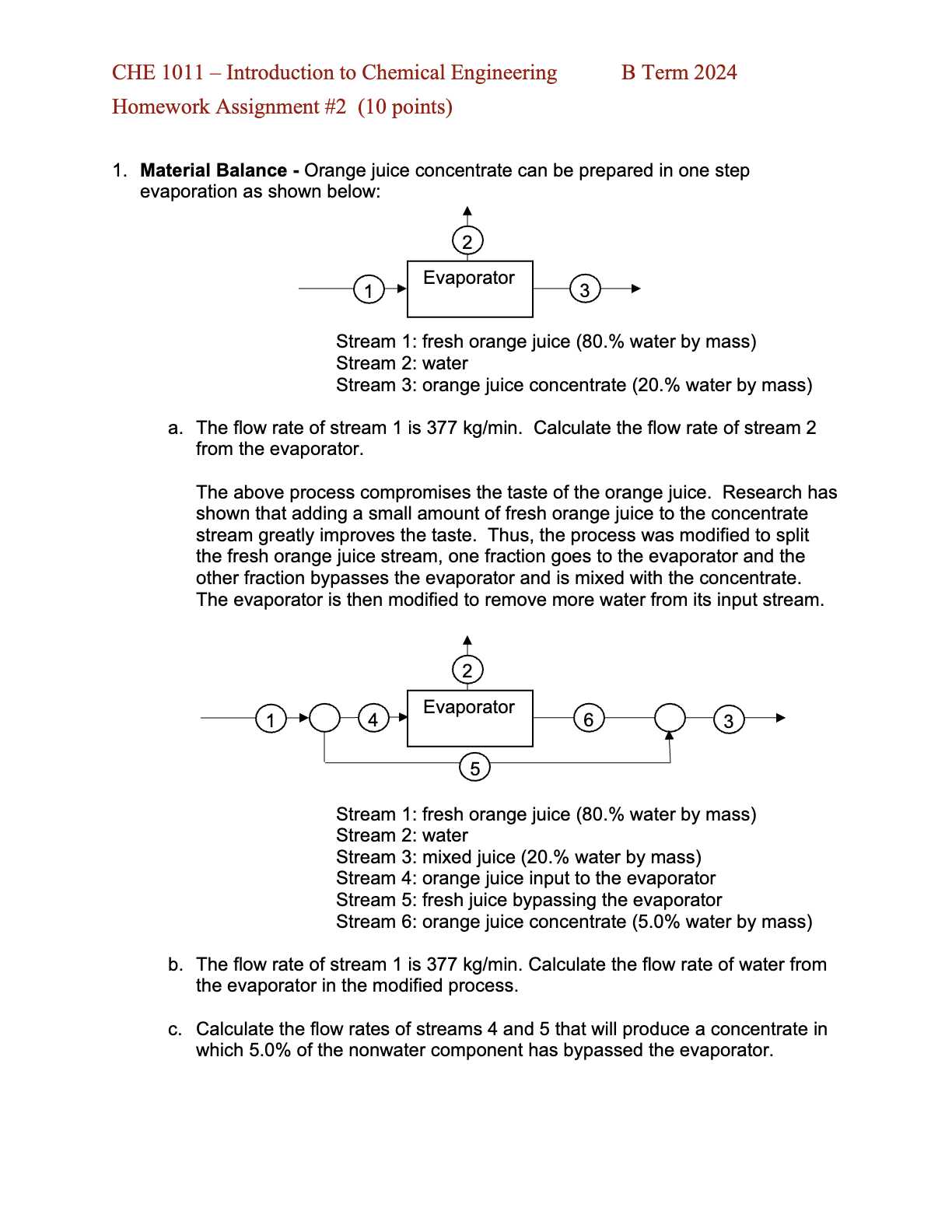 CHE 1011 - Introduction to Chemical Engineering B Term 2024 Homework ...