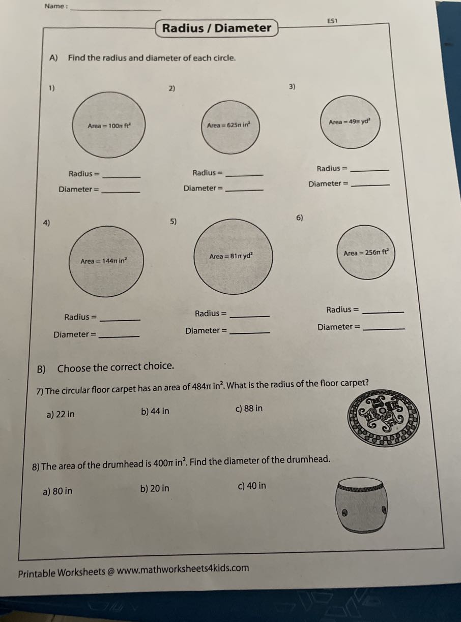 Name : Radius / Diameter ES1 A) Find the radius and diameter of each ...