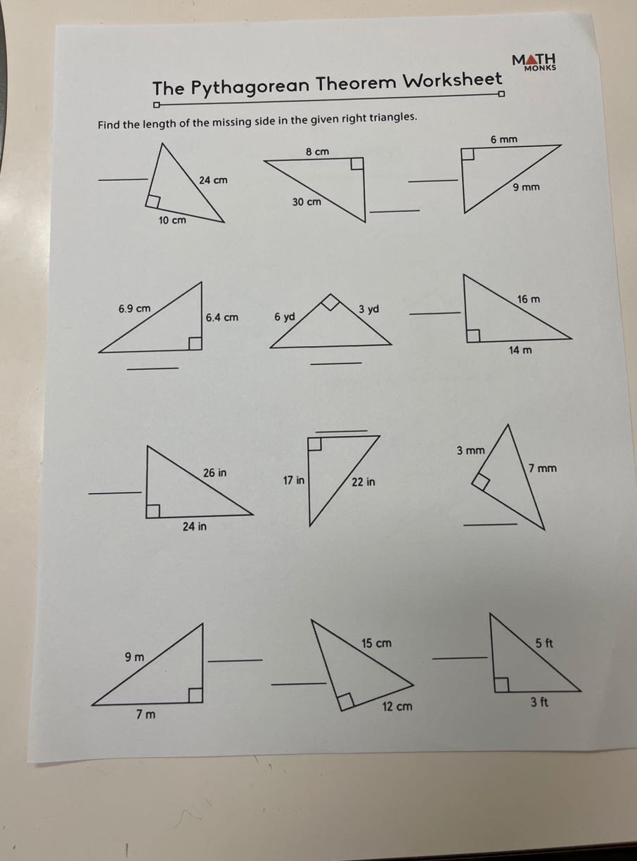 M TH MONKS The Pythagorean Theorem Worksheet Find the length of the missing side in the given ...