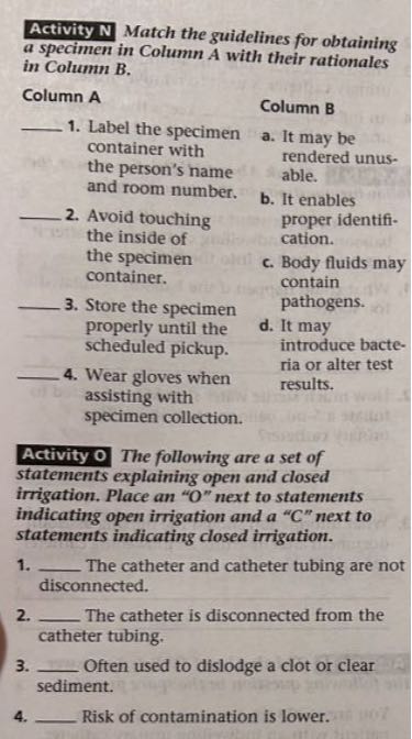 activity n match the guidelines for obtaining a specimen in column a ...