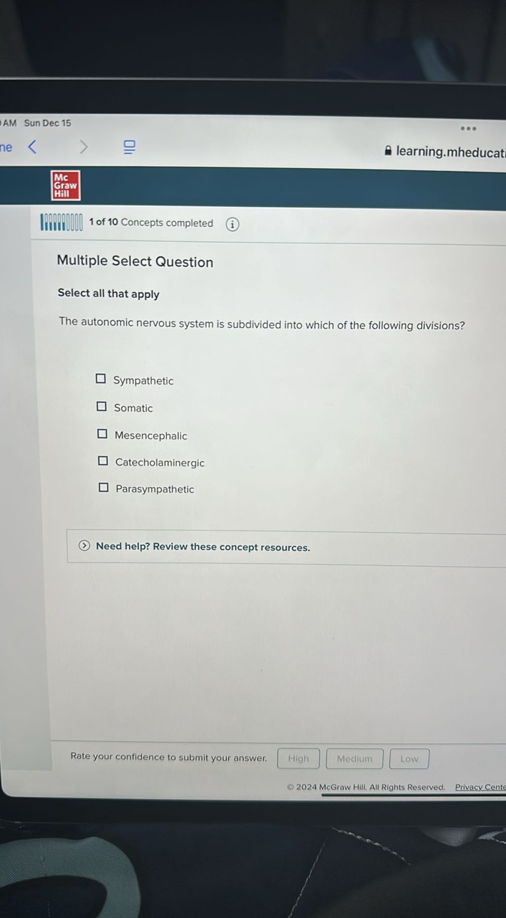 AM Sun Dec 15 learning.mheducat Mc Graw Hill 1 of 10 Concepts completed (i) Multiple Select ...