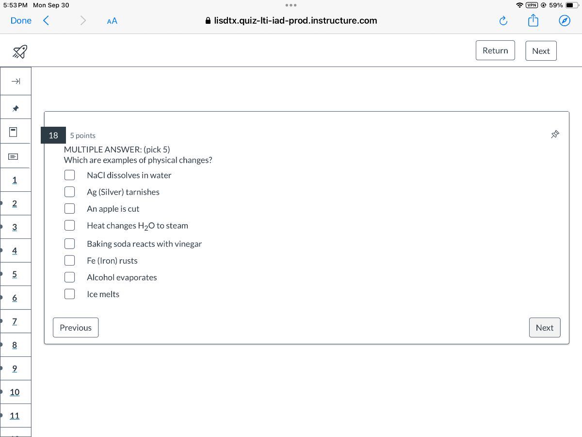 5:53 PM Mon Sep 30 VPN 59 % Done AA lisdtx.quiz-Iti-iad-prod.instructure.com Return Next 18 5 ...
