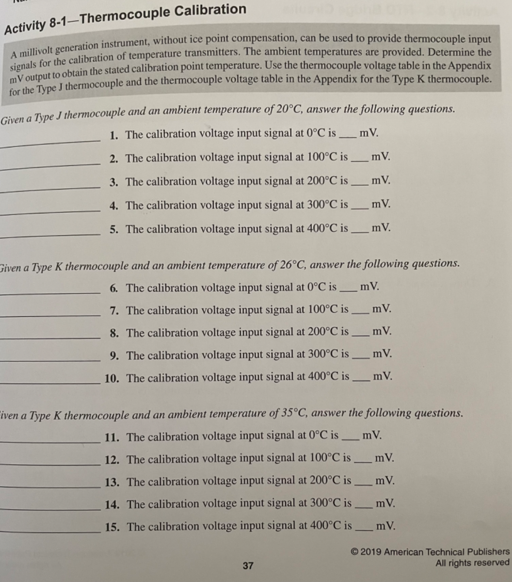 Activity 8-1-Thermocouple Calibration A millivolt generation instrument ...