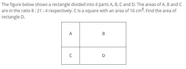 The figure below shows a rectangle divided into 4 parts A, B, C and D ...