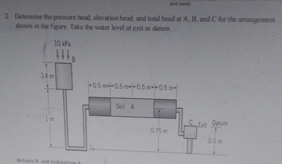 and sands 2. Determine the pressure head, elevation head, and total ...