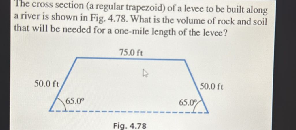 The cross section (a regular trapezoid) of a levee to be built along a ...
