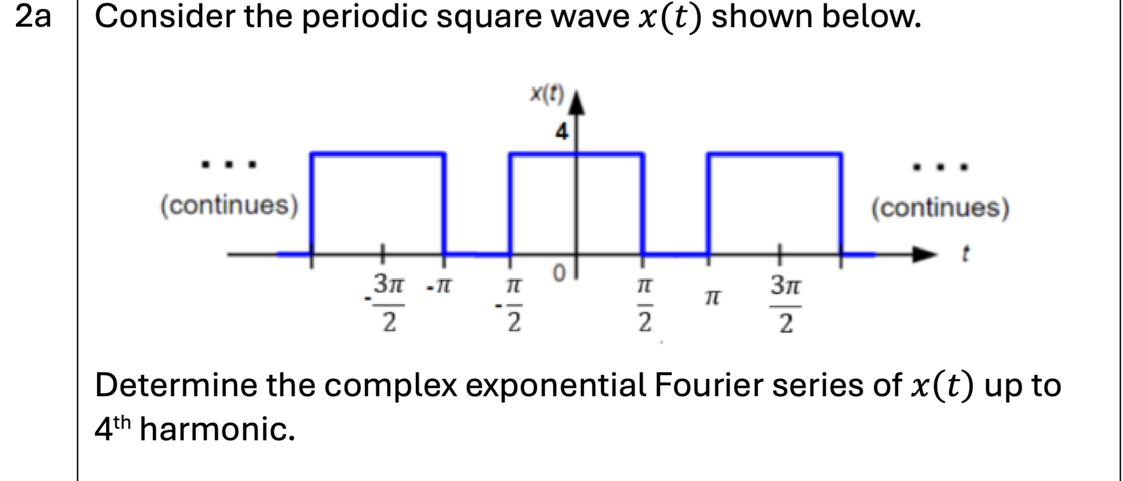 2a Consider the periodic square wave x(t) shown below. Determine the complex exponential Fourier ...