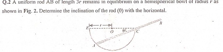Q. 2 A uniform rod AB of length 3 r remains in equilibrium on a hemispierical bowl of radius r ...