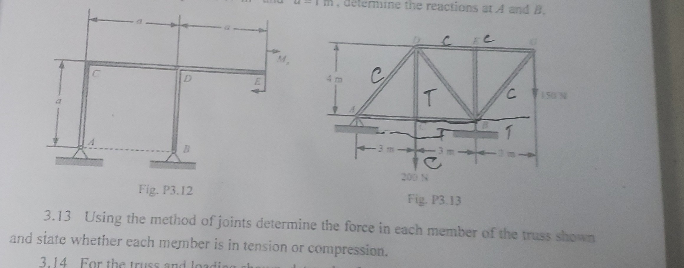 Fig. P3.12 Fig. P3. 13 3.13 Using the method of joints determine the force in each member of the ...