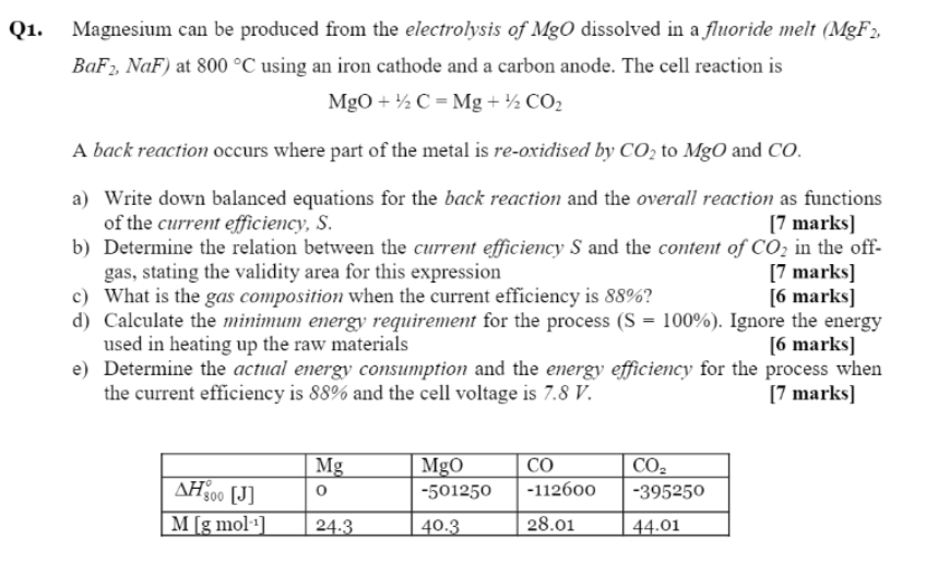 SOLVED: Q1. Magnesium can be produced from the electrolysis of MgO ...