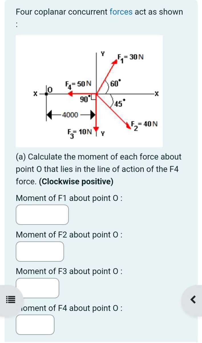 Four coplanar concurrent forces act as shown (a) Calculate the moment of each force about point ...
