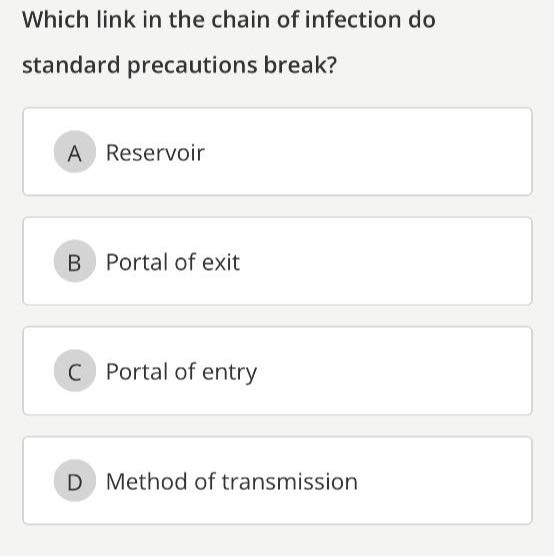 Which link in the chain of infection do standard precautions break? A ...