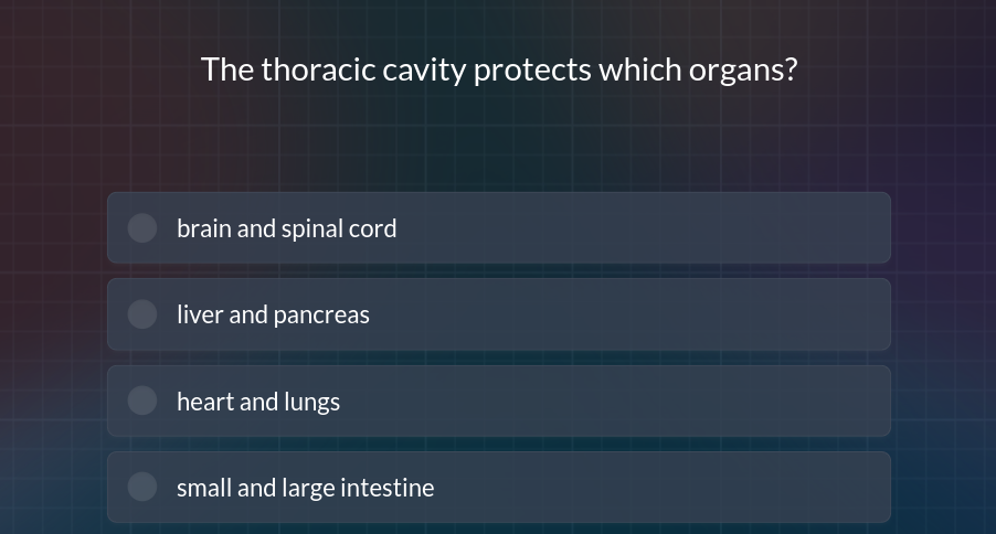 The thoracic cavity protects which organs? brain and spinal cord liver ...