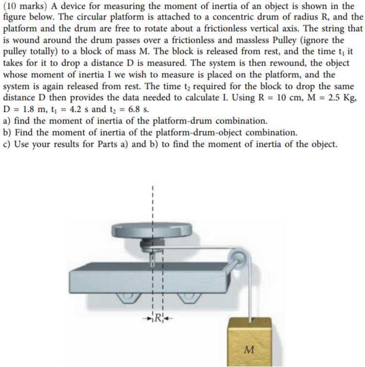 ( 10 marks) A device for measuring the moment of inertia of an object is shown in the figure ...