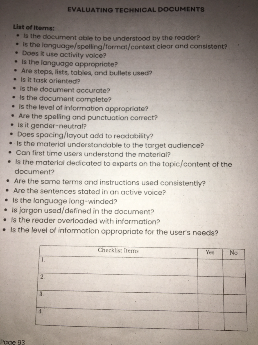 SOLVED: EVALUATING TECHNICAL DOCUMENTS List of Items: - Is the document ...