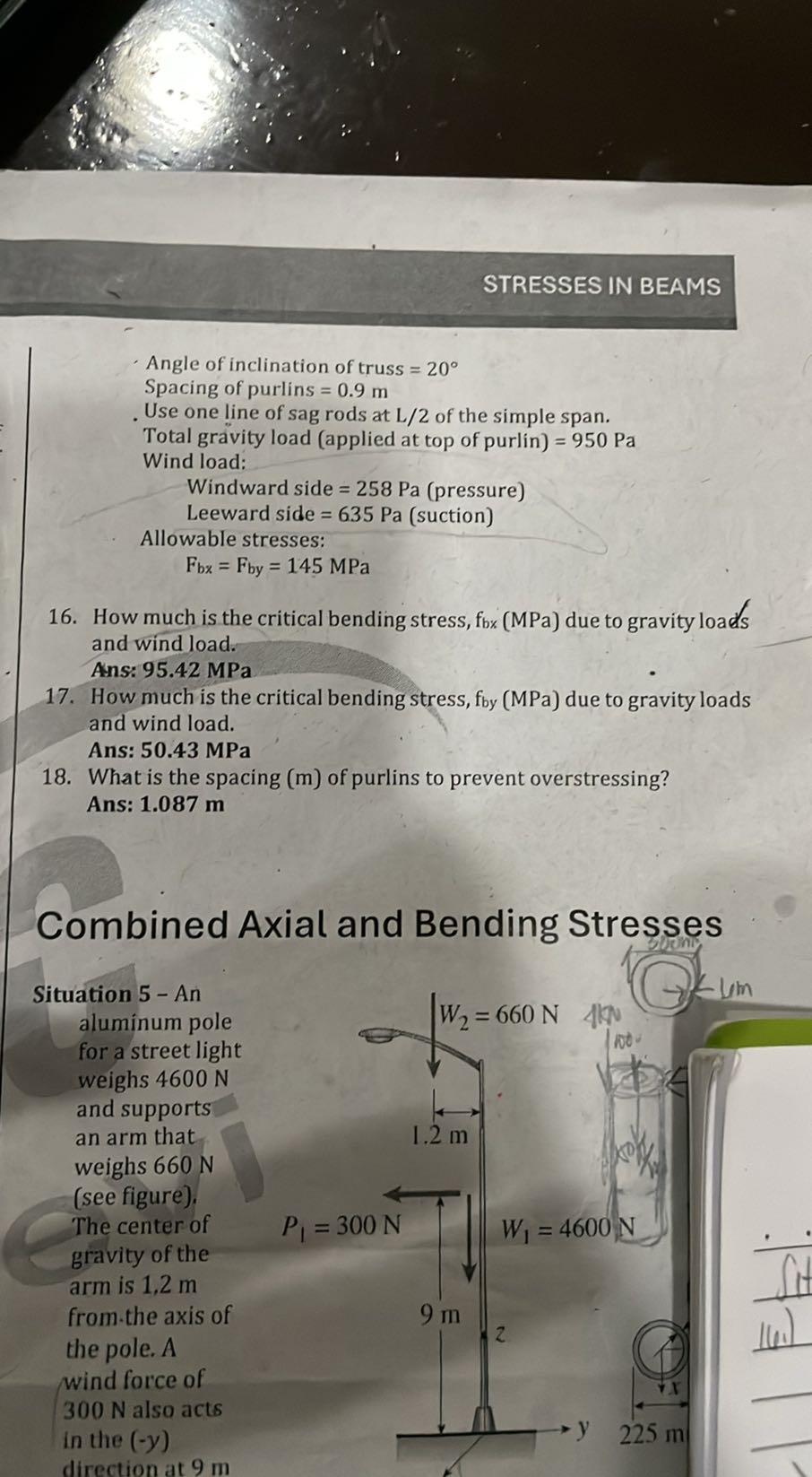 STRESSES IN BEAMS Angle of inclination of truss =20^∘ Spacing of ...