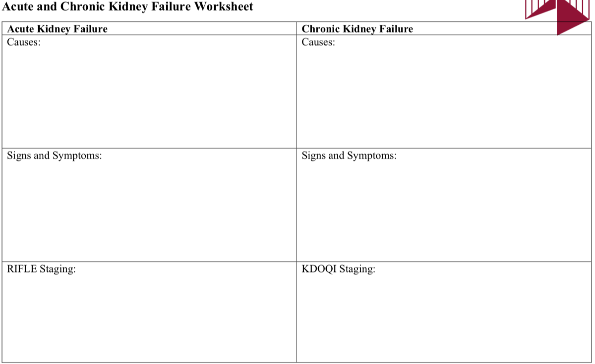 Acute and Chronic Kidney Failure Worksheet Acute Kidney Failure Chronic ...