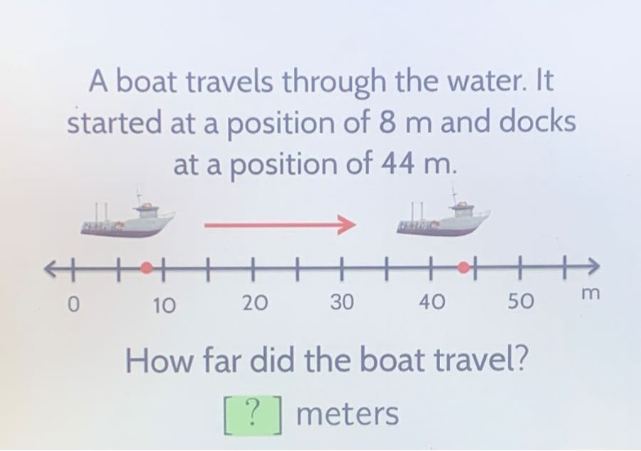 A boat travels through the water. It started at a position of 8 m and ...
