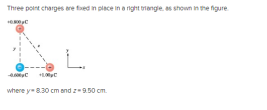 Three point charges are fixed in place in a right triangle, as shown in the figure. where y=8.30 ...