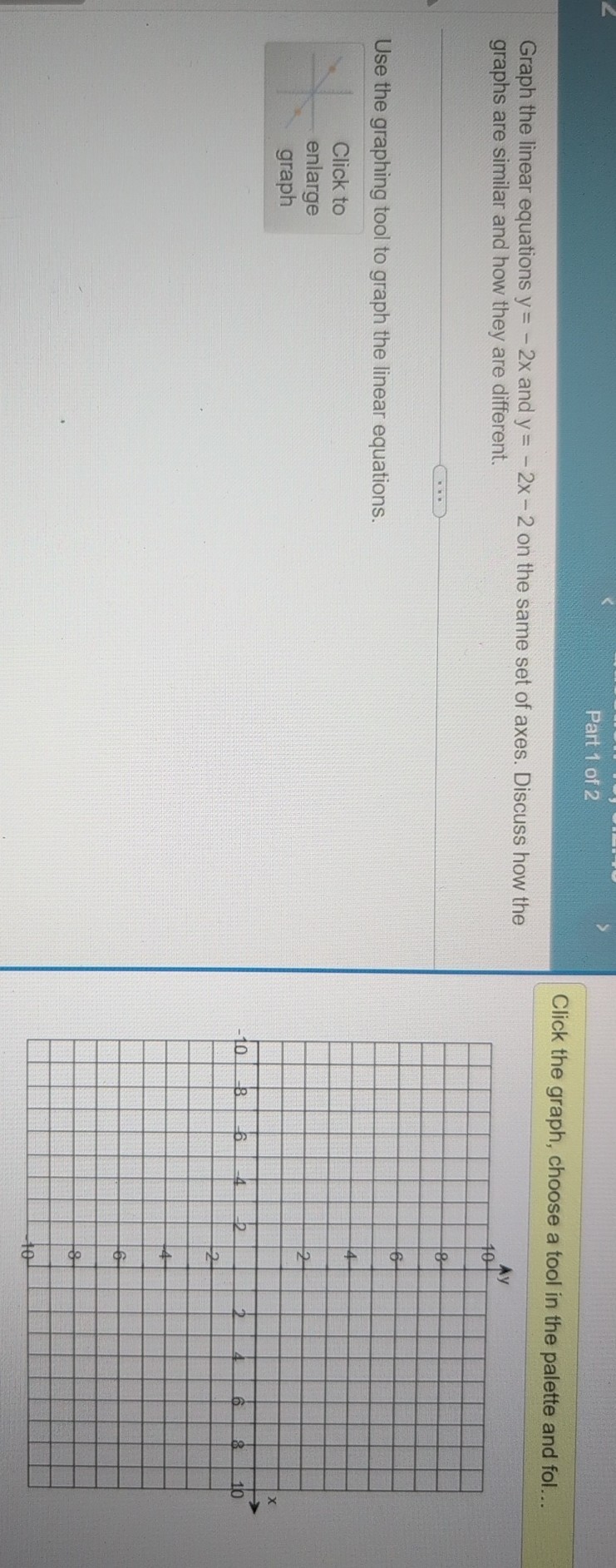 Part 1 of 2 Graph the linear equations y=-2 x and y=-2 x-2 on the same set of axes. Discuss how ...