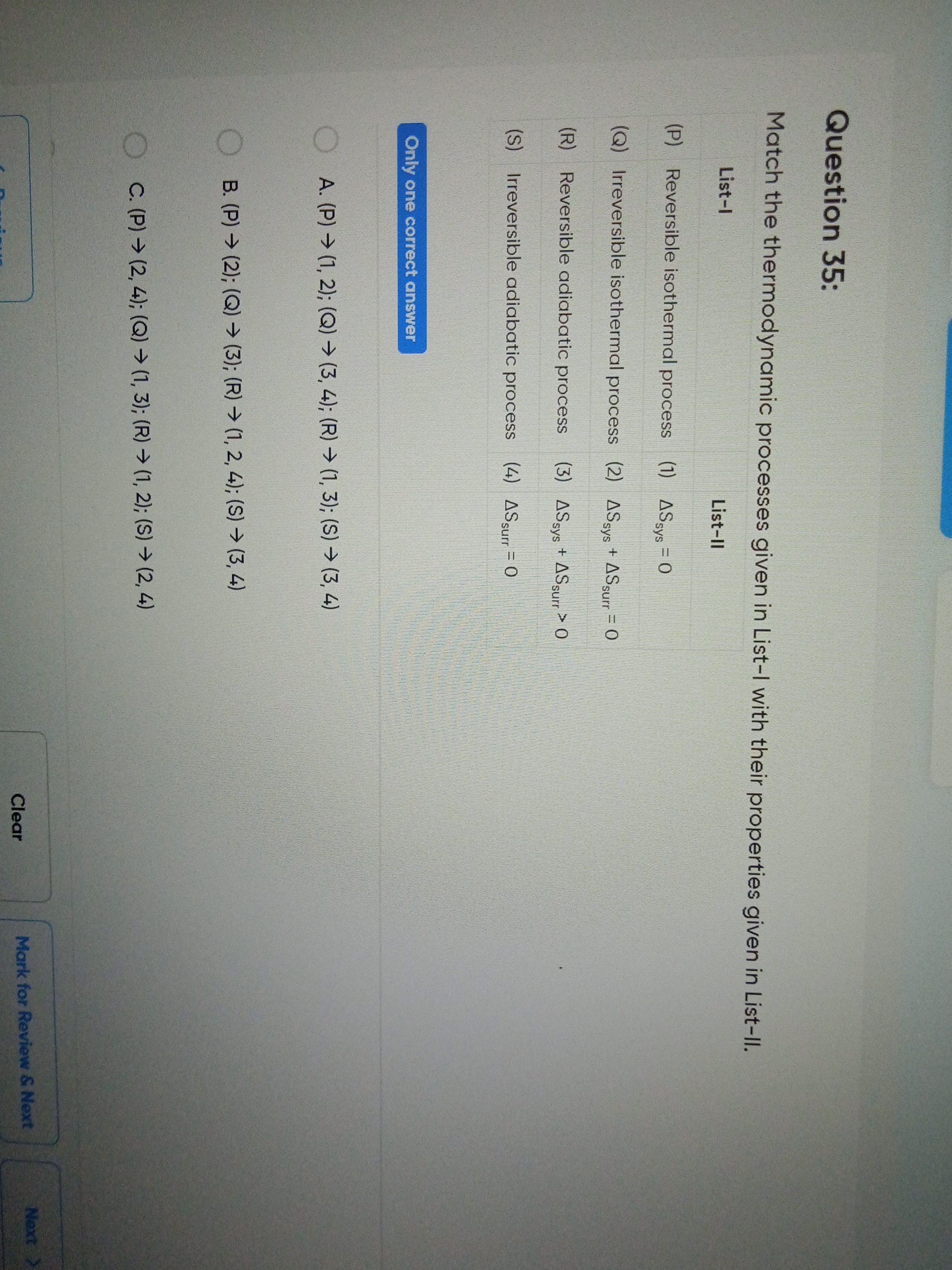 Question 35: Match the thermodynamic processes given in List-I with their properties given in ...