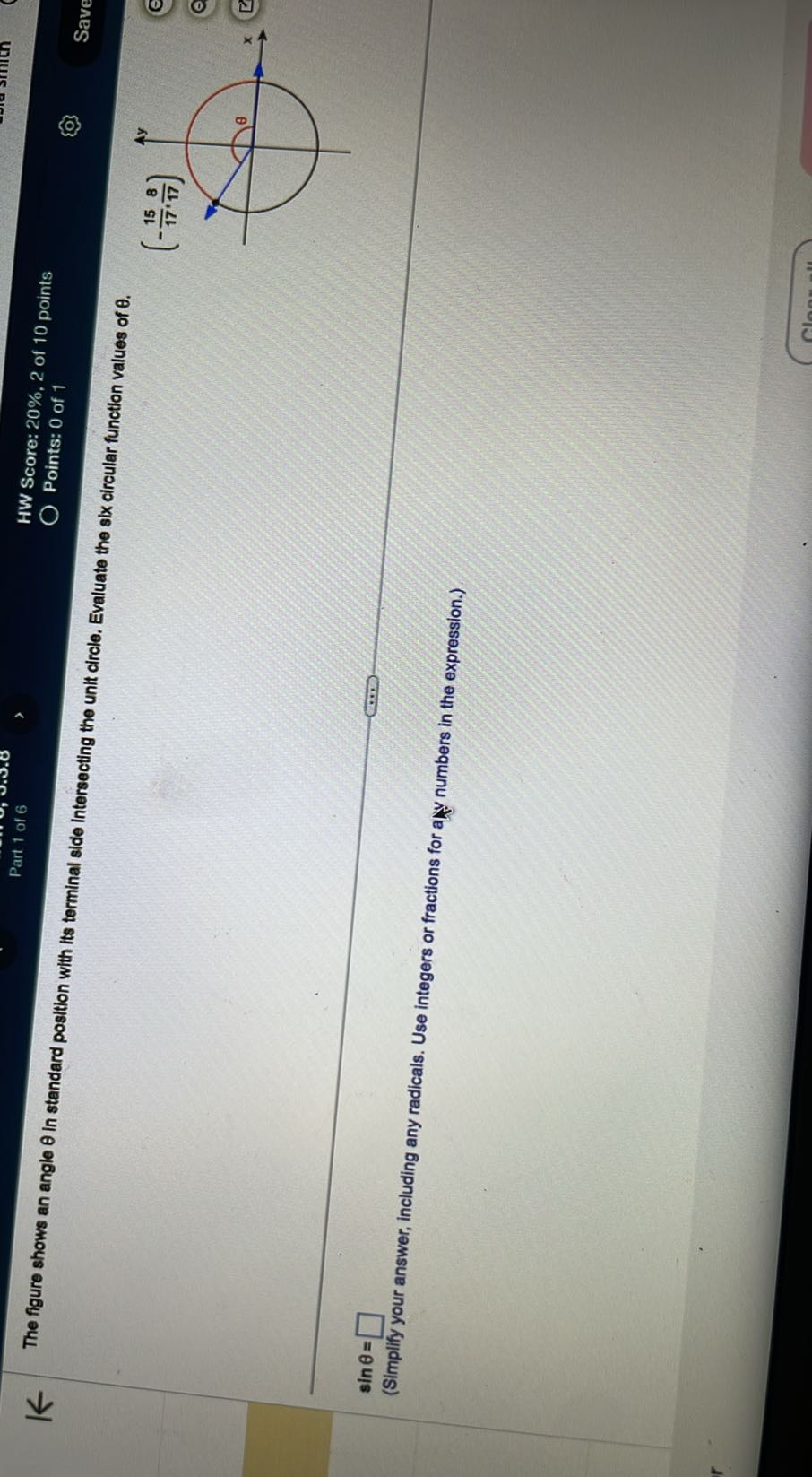 Part 1 of 6 The figure shows an angle θ in standard position with its terminal side intersecting ...
