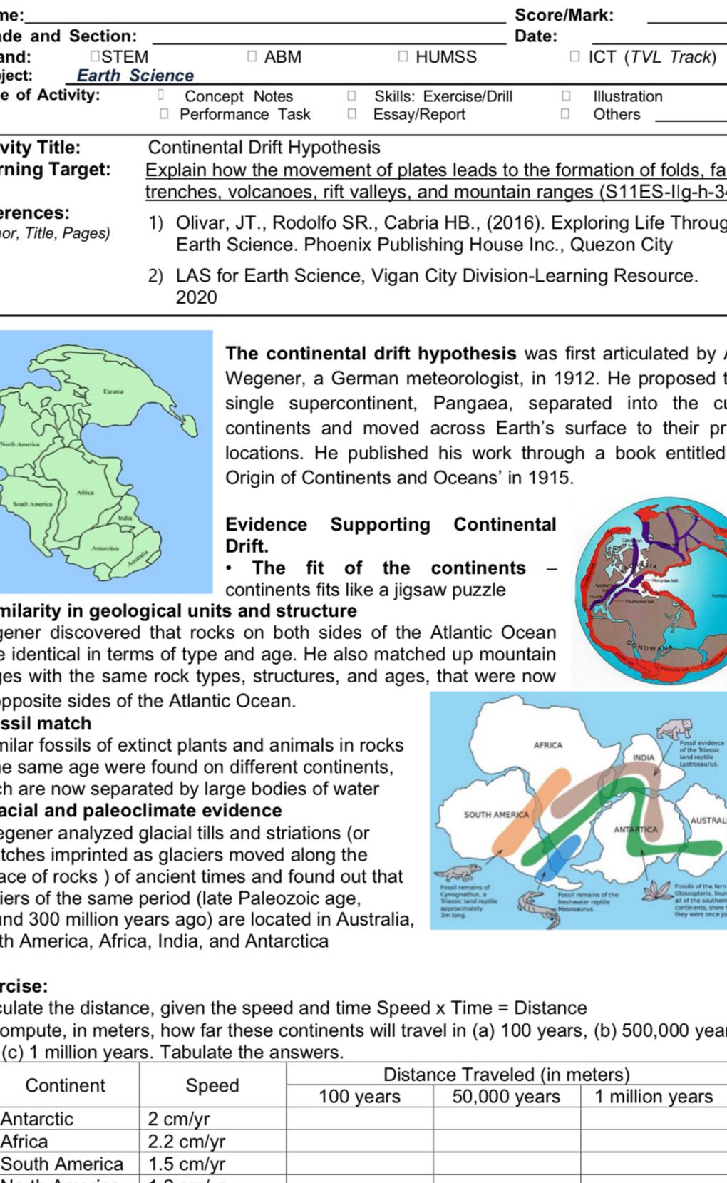 The continental drift hypothesis was first articulated by Wegener, a ...