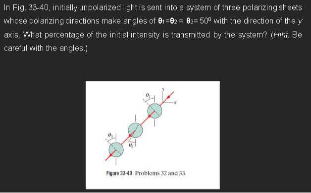 in fig 33 40 initially unpolarized light is sent into a system of three polarizing sheets whose ...
