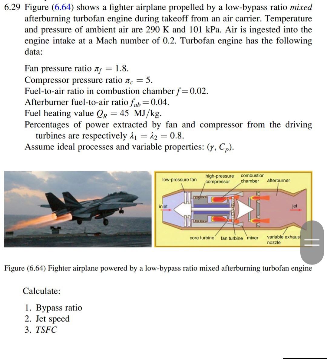 6.29 Figure (6.64) shows a fighter airplane propelled by a low-bypass ...