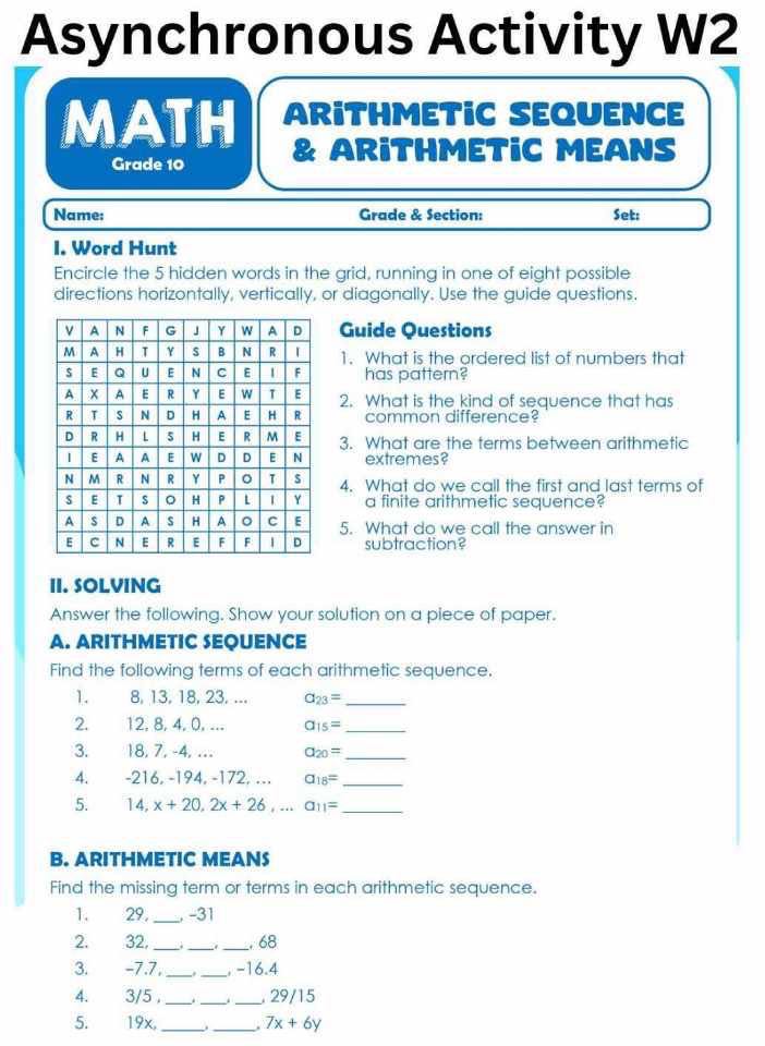 ASynchronous Activity W2 ARITHMETIC SEQUENCE & ARITHMETIC MEANS Name ...