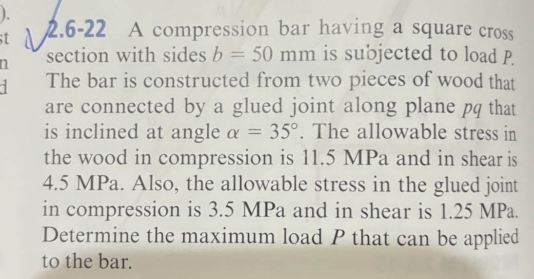 2.6-22 A compression bar having a square cross section with sides b=50 ...
