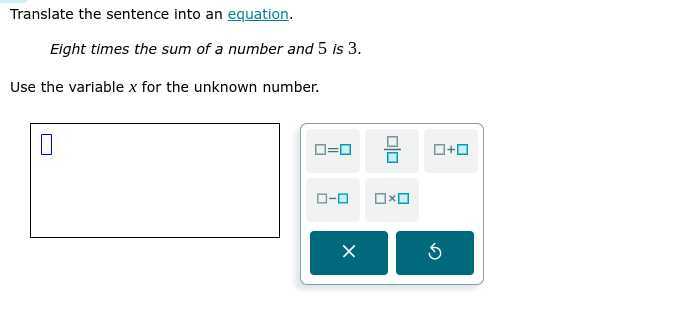 Translate the sentence into an equation. Eight times the sum of a number and 5 is 3. Use the ...