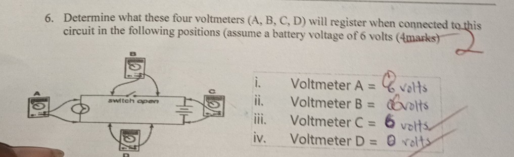 6. Determine what these four voltmeters (A, B, C, D) will register when ...