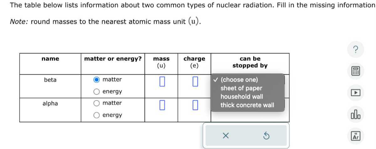 The table below lists information about two common types of nuclear ...