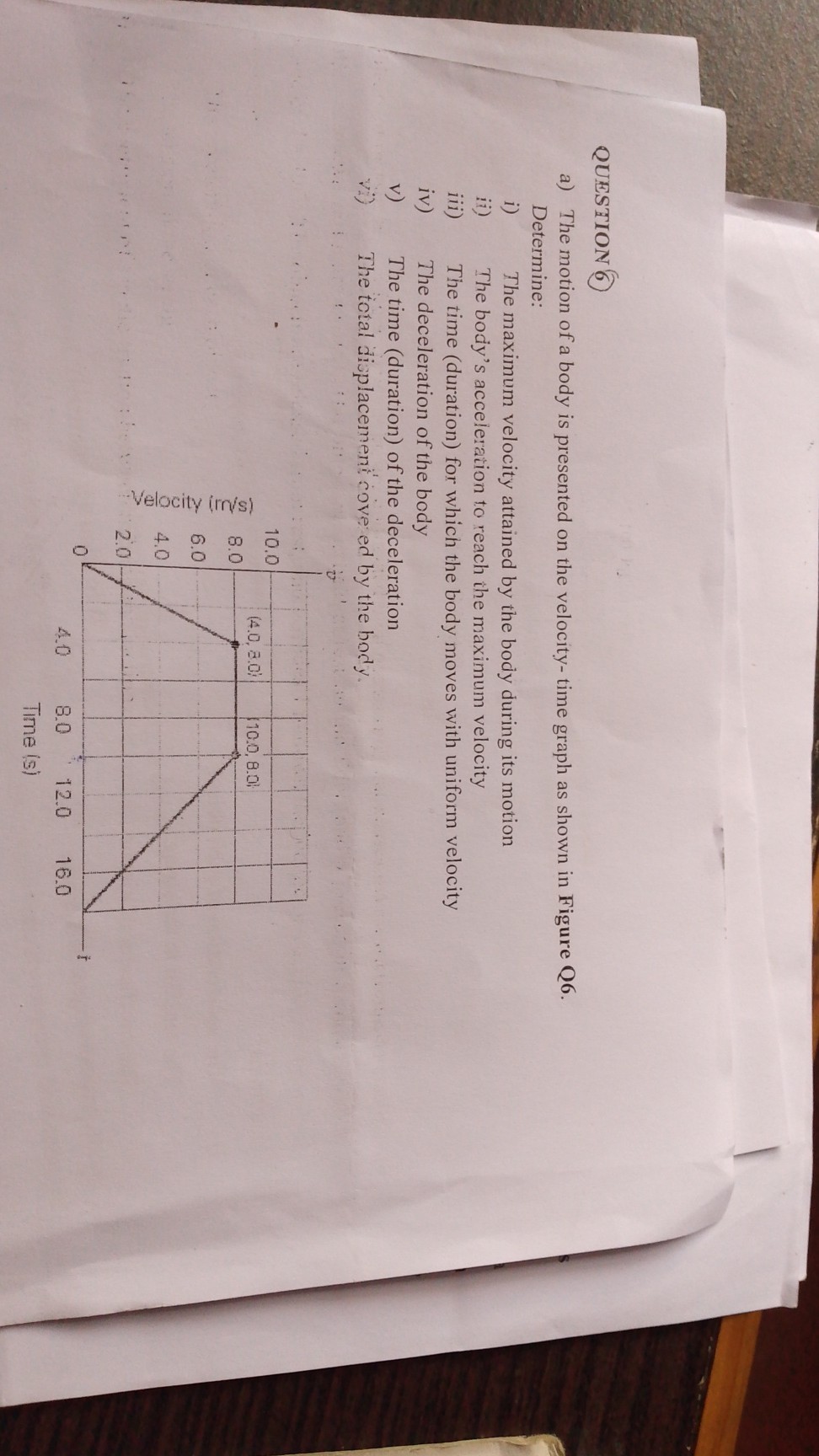 question 6 a the motion of a body is presented on the velocity time ...