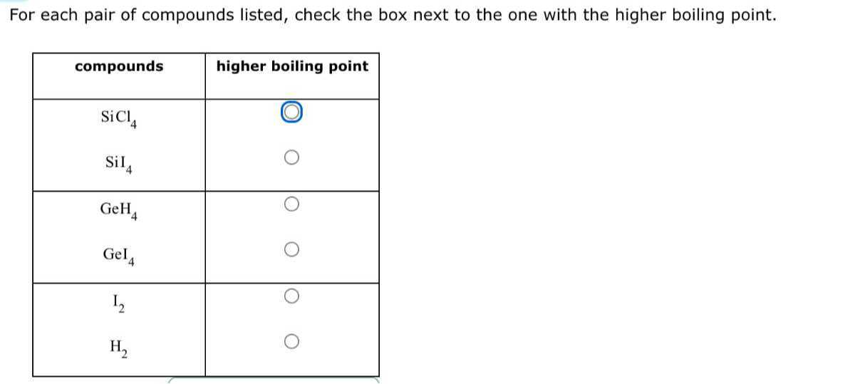 For each pair of compounds listed, check the box next to the one with ...