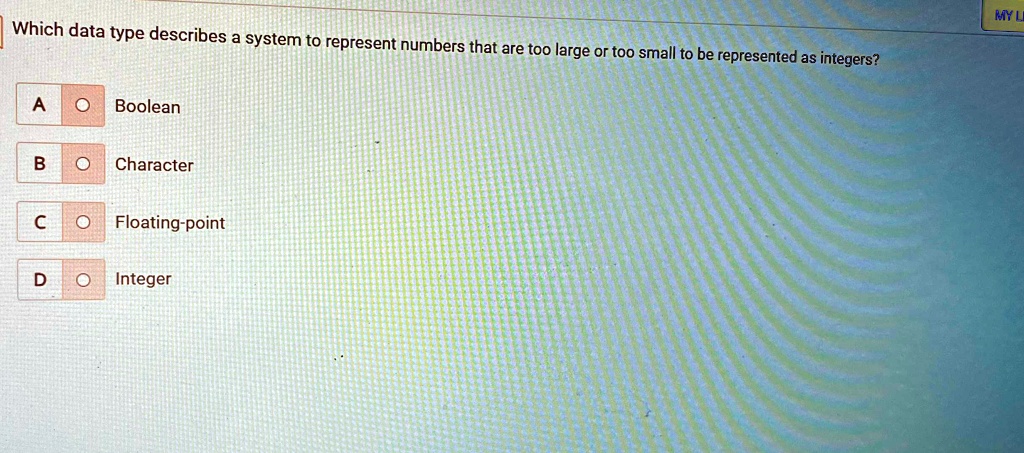 SOLVED: Which data type describes a system to represent numbers that are too large or too small ...