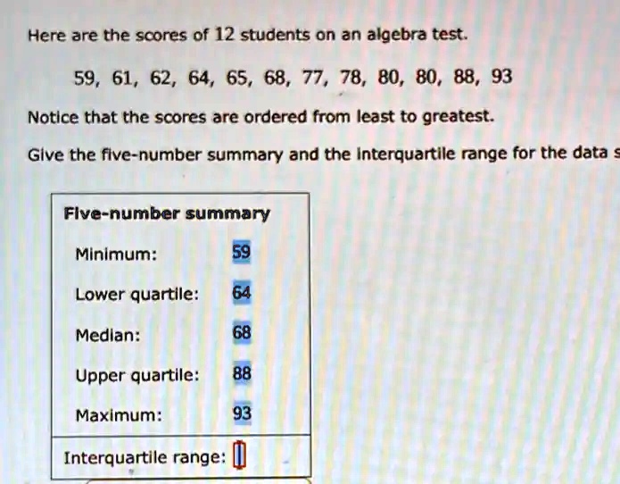 Here are the scores of 12 students on an algebra test: 59, 61, 62, 64 ...