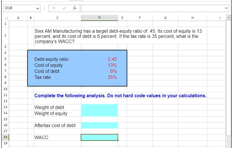 Calculate the WACC. Please include the formulas to input in Excel ...