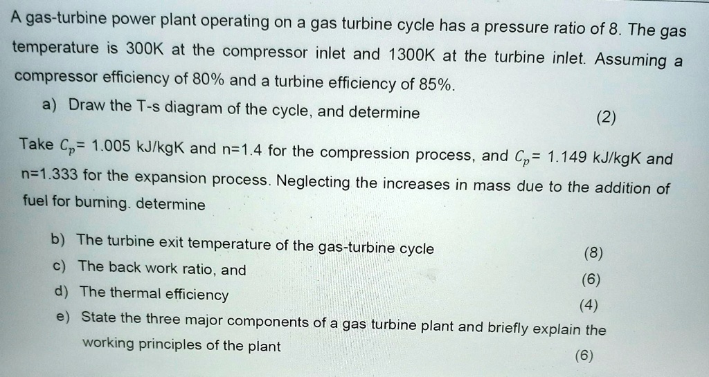 SOLVED: A gas-turbine power plant operating on a gas turbine cycle has a pressure ratio of 8 ...