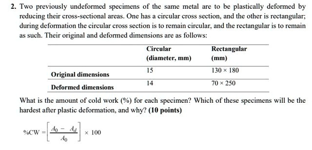 SOLVED: Two previously undeformed specimens of the same metal are to be ...