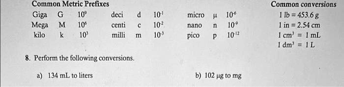 SOLVED: Common Metric Prefixes: Giga (10^9), deci (10^-1), Mega (10^6 ...