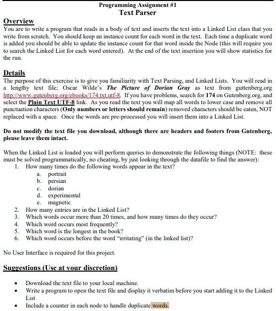 Solved Programming Assignment 1 Text Parser Overview You Are To Write A Program That Reads In 2974