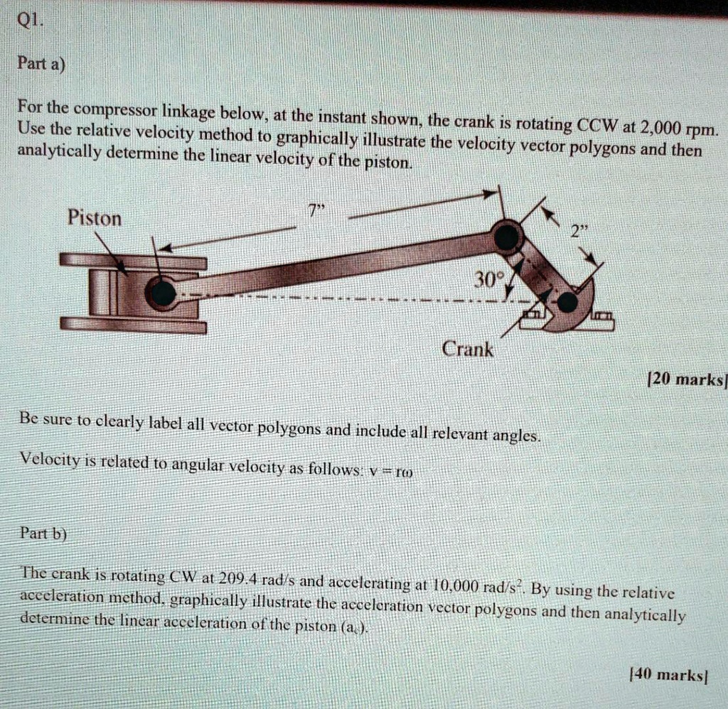 SOLVED: Part a) For the compressor linkage below, at the instant shown, the crank is rotating ...