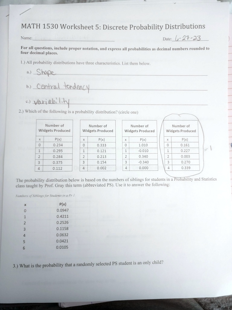 Discrete Probability Distribution Worksheet Random Variable