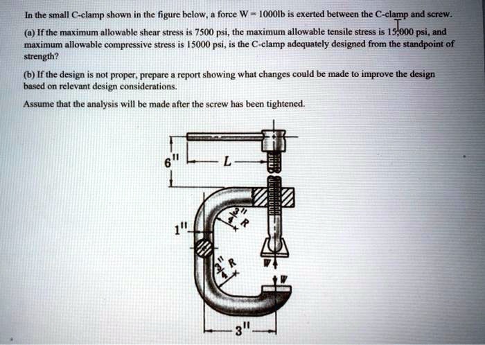 SOLVED: In the small â‚¬C-clamp shown in the figure below, a force of W ...
