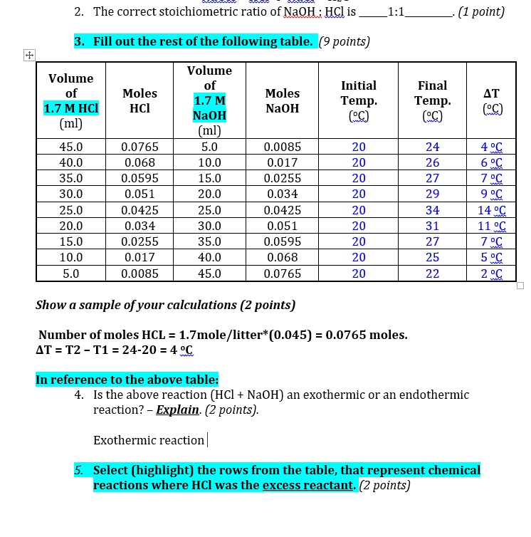 SOLVED: The correct stoichiometric ratio of NaOH : HCl is (missing decimal point) Fill out the ...